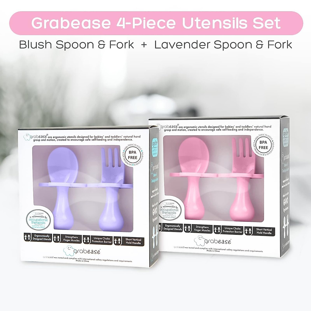 Grabease Baby Spoons Baby Led Weaning Supplies Toddler Forks Baby Feeding, BPA-Free & Phthalate-Free for Baby & Toddler, 2 Sets, Blush and Lavender