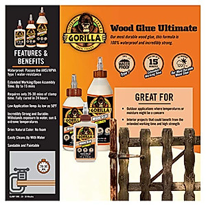 Gorilla Ultimate Waterproof Wood Glue; 8 Ounce; Natural Wood Color; (Pack of 2)