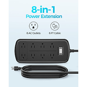Outdoor Power Strip 8 Outlets, Weatherproof Surge Protector with 6 FT Extension Cord, IPX6 Waterproof, 1875W Overload Protection, Mountable Outlet Extender for Home Patio and Garden, Black
