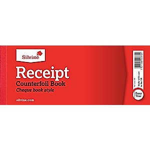 Silvine Duplicate Receipt Book, Cheque Book Style - 40 Receipts per Book (80 x 202mm) [Pack of 36]