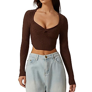 QINSEN Women's Long Sleeve Square Neck Crop Top Ribbed Slim Fitted Casual T-Shirt Tops Cinnamon XS