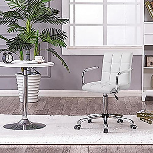 Yaheetech White Desk Chairs with Wheels/Armrests Modern PU Leather Office Chair Midback Adjustable Home Computer Executive Chair on Wheels 360° Swivel