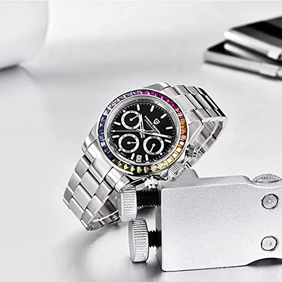 Pagani Design Men's Watch Multifunction Men's Sports Clock Quartz Chronograph Japan VK63 Movement Stainless Steel Strap Automatic Date 100M Water Resistant 2022 (Crystal Color Black)