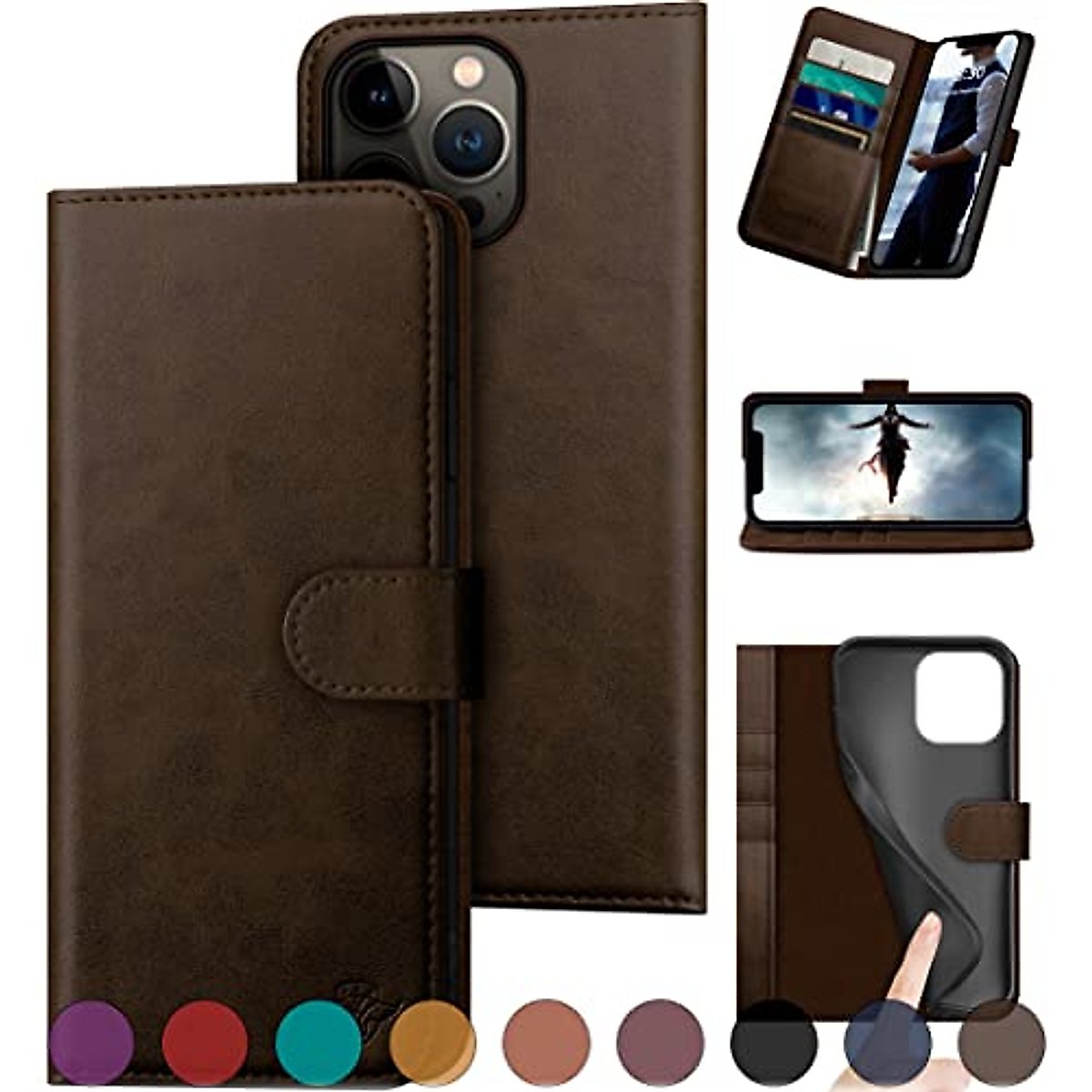 DuckSky for iPhone 13 Pro Max 6.7" Genuine Leather Wallet case【RFID Blocking】【4 Credit Card Holder】【Real Leather】 Flip Folio Book Protective Cover Women Men for Apple 13ProMax Phone case Brown