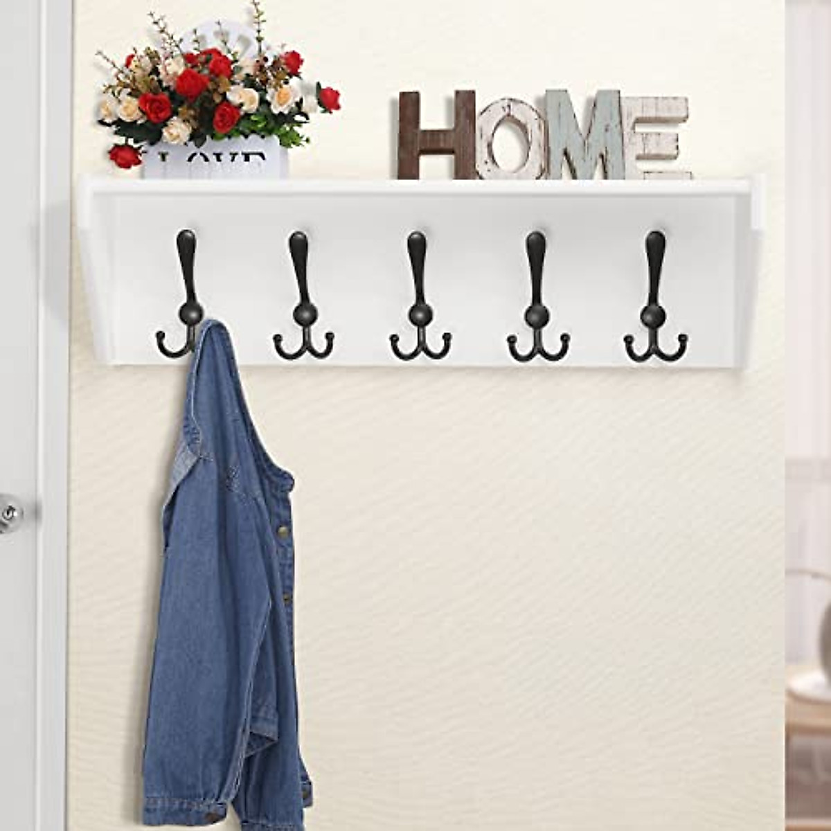 Dseap Wall Shelf with 5 Tri Hooks, 24" Heavy Duty Coat Rack Wall Mount with Shelf, Shelf with Hooks Underneath for Entryway, Mudroom, Kitchen, Bathroom, White & Black,D02ZT24WHT1
