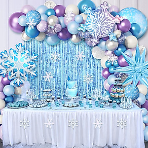 Amandir 162PCS Snow Birthday Party Supplies, Snow Balloon Garland Arch Kit Fringe Curtain Blue Purple Snowflake Foil Balloons Princess Winter Wonderland Girl Baby Froze Party Decorations