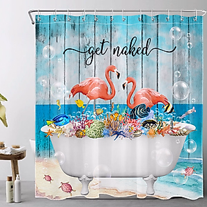 LB Pink Flamingo Shower Curtain Tropical Fish Coral in Bathtub on Beach Shower Curtain Set Blue Ocean Get Naked Shower Curtains for Bathroom Waterproof Washable Fabric with Hooks,72x72 inch