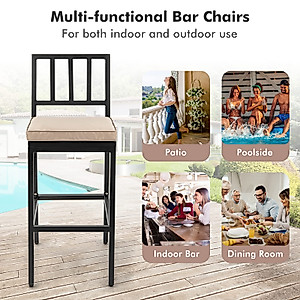 COSTWAY 4 PCS Patio Bar Chairs, Heavy-Duty Metal Frame Bar Stools, Indoor Outdoor All-Weather Resistant Barstools with Detachable Cushion & Footrest, for Patio, Garden, Poolside (4)