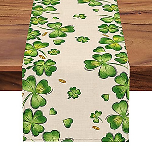 Seliem St. Patrick's Day Shamrock Clover Bushes Table Runner, Gold Coins Green Heart Kitchen Dining Table Decor, Irish Spring Burlap Home Decoration Indoor Outdoor Holiday Party Supply 13 x 72 Inches