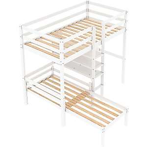 MERITLINE Twin Loft Bed with Desk,Wooden Twin Bunk Bed with Desk and Bookshelf,Convertible Loft Bed for Kids Girls Boys Teens Bedroom, No Box Spring Needed, White