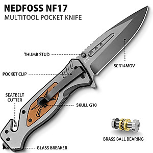 NedFoss Pocket Knife NF17, 3 in 1 3.8" Tactical Knife with Seat Belt Cutter, Glass Breaker, Liner Lock, Belt Clip, Survival Knife Hunting knife for Camping Hiking