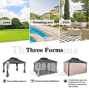 Patio Tree 12' x 16' Patio Hardtop Gazebo Outdoor Non-Rust Aluminum Permanent Pergola Shelter Tent with Galvanized Steel Canopy Roof, Mosquito Netting and Privacy Curtain