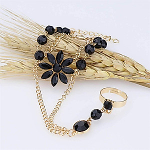 Yalice Rhinestone Finger Bracelet Ring Black Crystal Hand Chains Flower Slave Finger Chain Fashion Charm Hand Jewelry for Women