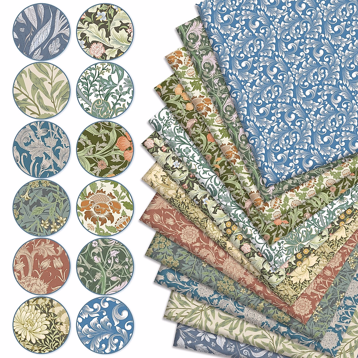 JarThenaAMCS 12Pcs Retro Floral Cotton Fabric Bundles 18 x 22 Inch William Morris Floral Fat Quarters Flower Sewing Fabrics for DIY Craft Party Decor