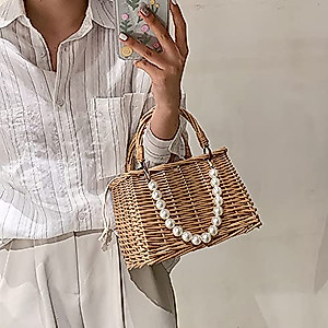 Pearl Handle Rattan Handbag, Straw Shoulder Bag Tote Bags, Mini Basket Handbag