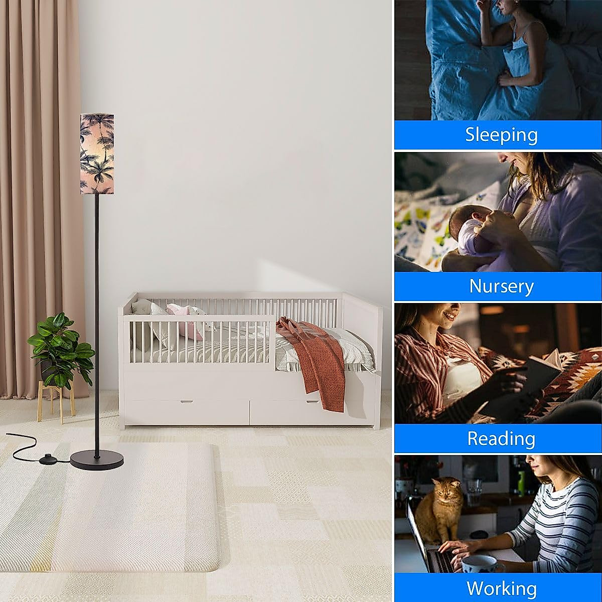 RZNTJHUINA Modern Standing Lamps Abstract Tropics Grunge Palm Trees Silhouettes Minimalist Floor Lamp Metal Pole Lamp with Linen Lampshade for Bedroom Living Room Office Nursery Reading Foot Switch