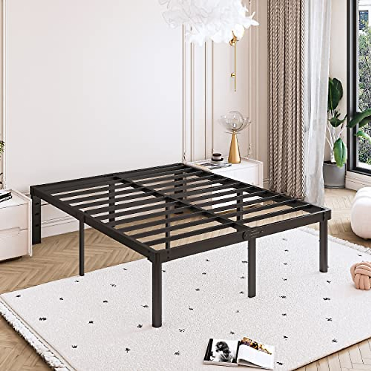 FDLOGW Queen Bed Frame, 16 Inch Queen-Size Bed Frames with Round-Corner Leg, Heavy Duty Steel Slat Mattress Foundation, Easy Assembly, Noise-Free, No Box Spring Needed