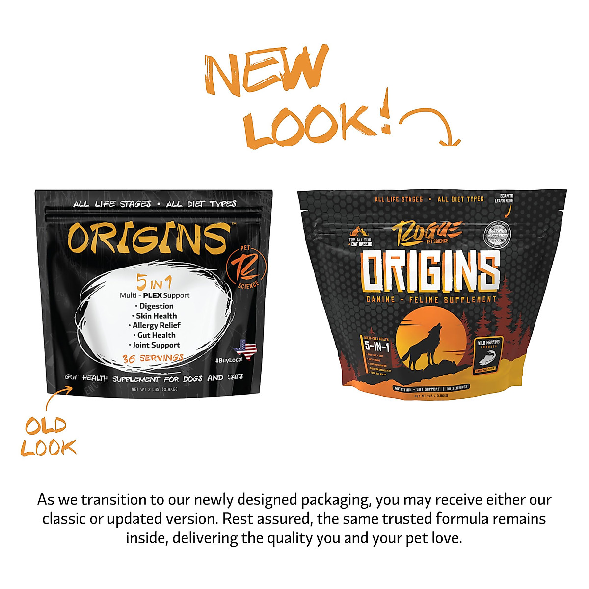 ROGUE PET SCIENCE Origins 5-in-1 Dog Supplement - Powdered Food Topper w/Natural Omega 3 Fish Oil - Supports Healthy Digestion, Skin, and Coat - Helps Reduce Itching & Joint Inflammation (2 lbs)