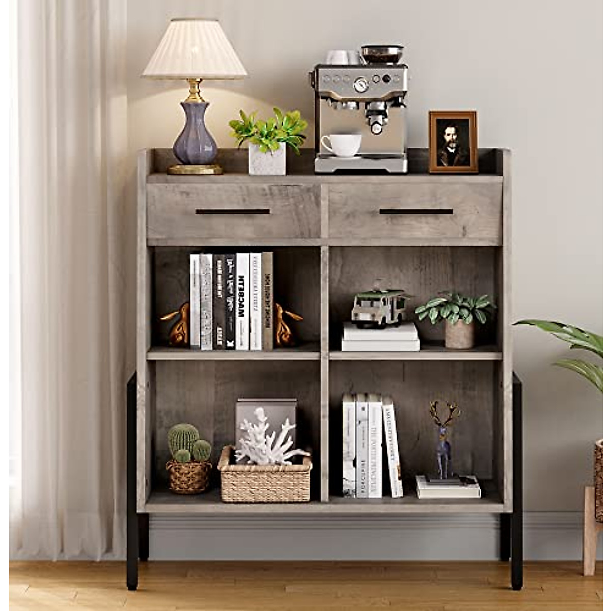 IDEALHOUSE Bookcase Horizontal Bookshelf Short Bookcases with Drawers Small Storage Shelves 4 Cube Organizer Metal Frame Wood Display Cabinet for Bedroom, Living Room, Home Office, Grey