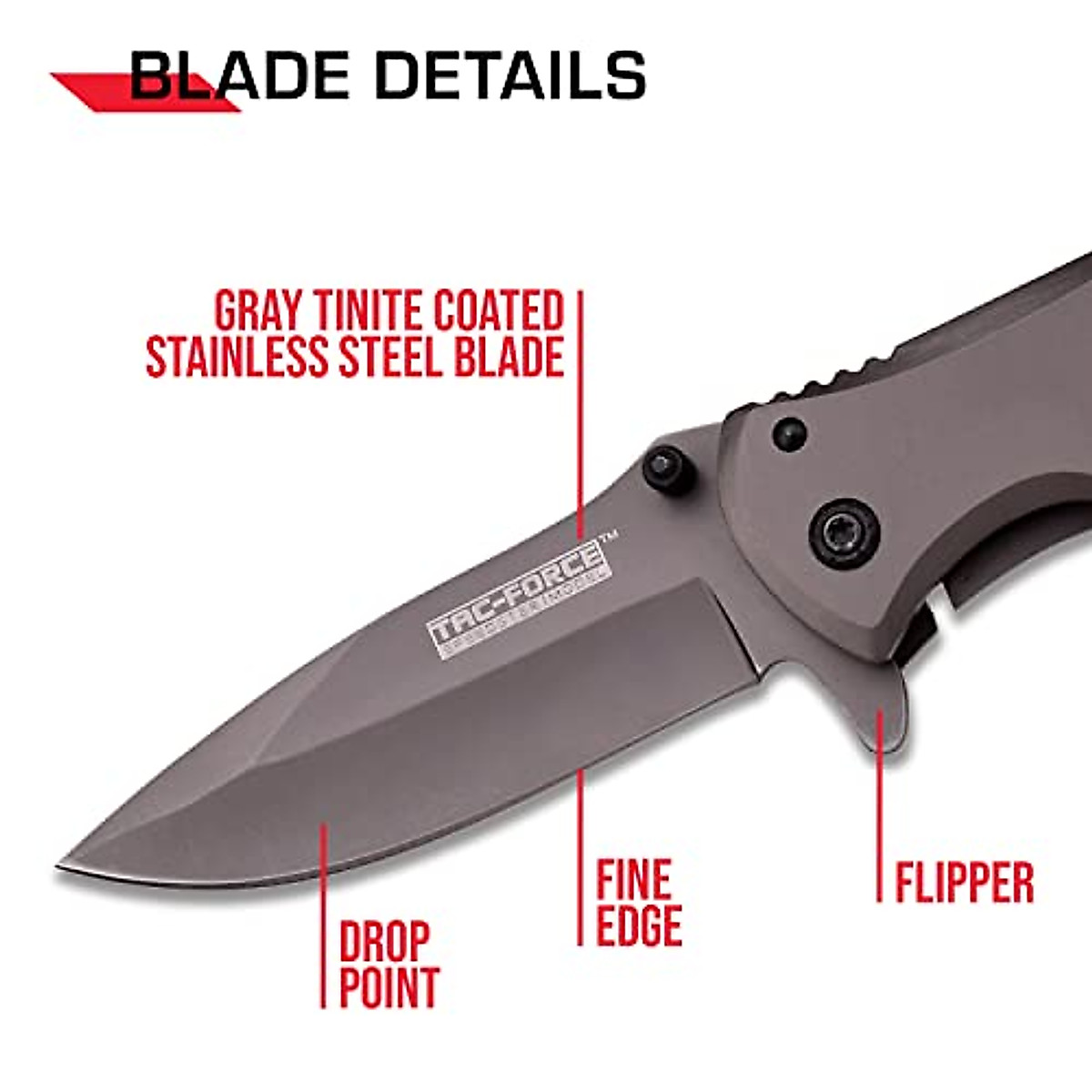 TAC FORCE Spring Assisted Folding Pocket Knife –Grey TiNite Coated Stainless Steel Blade and Handle, Frame Lock and Pocket Clip, Tactical, EDC, Rescue - TF-848