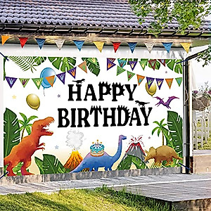 Watercolor Dinosaur Happy Birthday Banner Backdrop, 73'' x 43'' Jungle Theme Dinosaur Birthday Party Decoration Supplies Photography Background for Boys