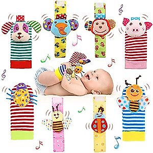 8 PCS Baby Rattle Toy Set, Wrist Rattles Foot Finder Rattle Sock, Arm Hand Bracelet Rattle, Feet Leg Ankle Socks,Present Gift for Newborn Infant Babies Boy Girl (8 pcs-A)