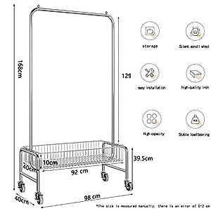 XIJIXILI Laundry Cart with Hanging Bar Wheels Large Rolling Wire Laundry Hamper Butler Cart with Metal Edging and Double Pole Rack Easy Moved Heavy Duty Metal Garment Rack with Basket for Organize