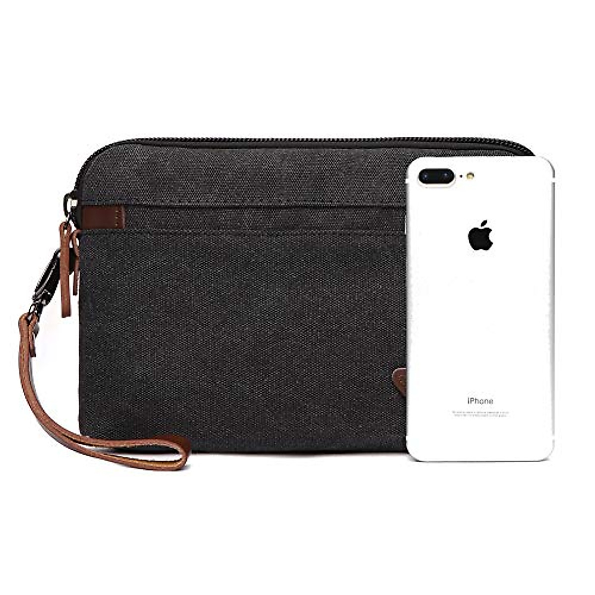 Canvas Wristlet Bag Large Clutch Bag Wallet Purse Zipper Pouch Handbag Organizer with Leather Strap for Men