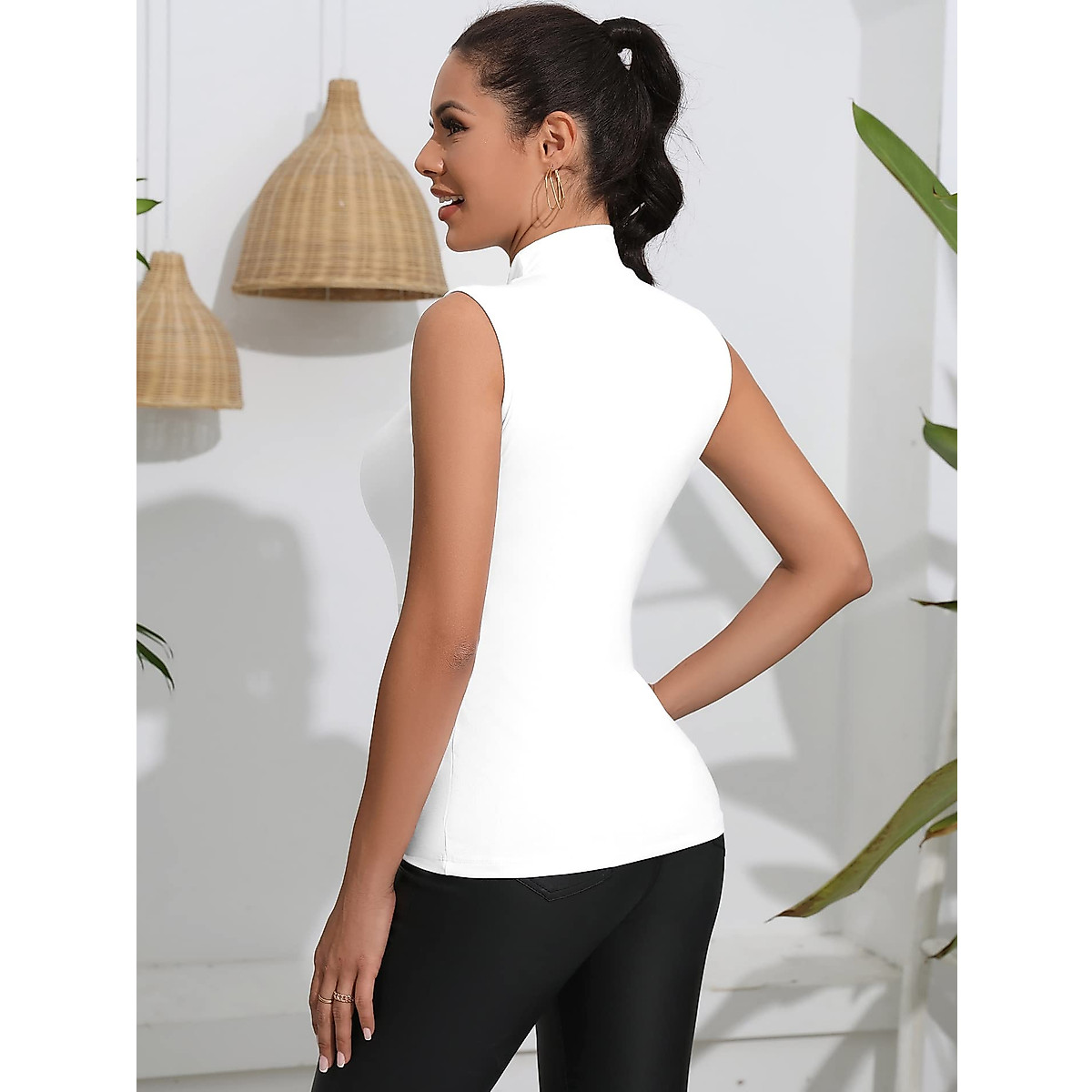 FOUGEDE Women's Mock Turtleneck Long Sleeve/Sleeveless/Half Sleeve/Short Sleeve/Crop Top Basic Fitted Stretch Slim Tops