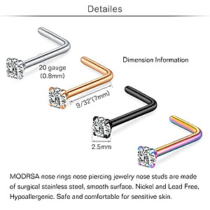 MODRSA Nose Rings 20g Nose Rings Studs L Shape Nose Piercings Stainless Steel Nose Rings Hoops Diamond Heart Hypoallergenic Nostril Nose Piercing Jewelry for Women Men Silver Rose Gold Black Rainbow