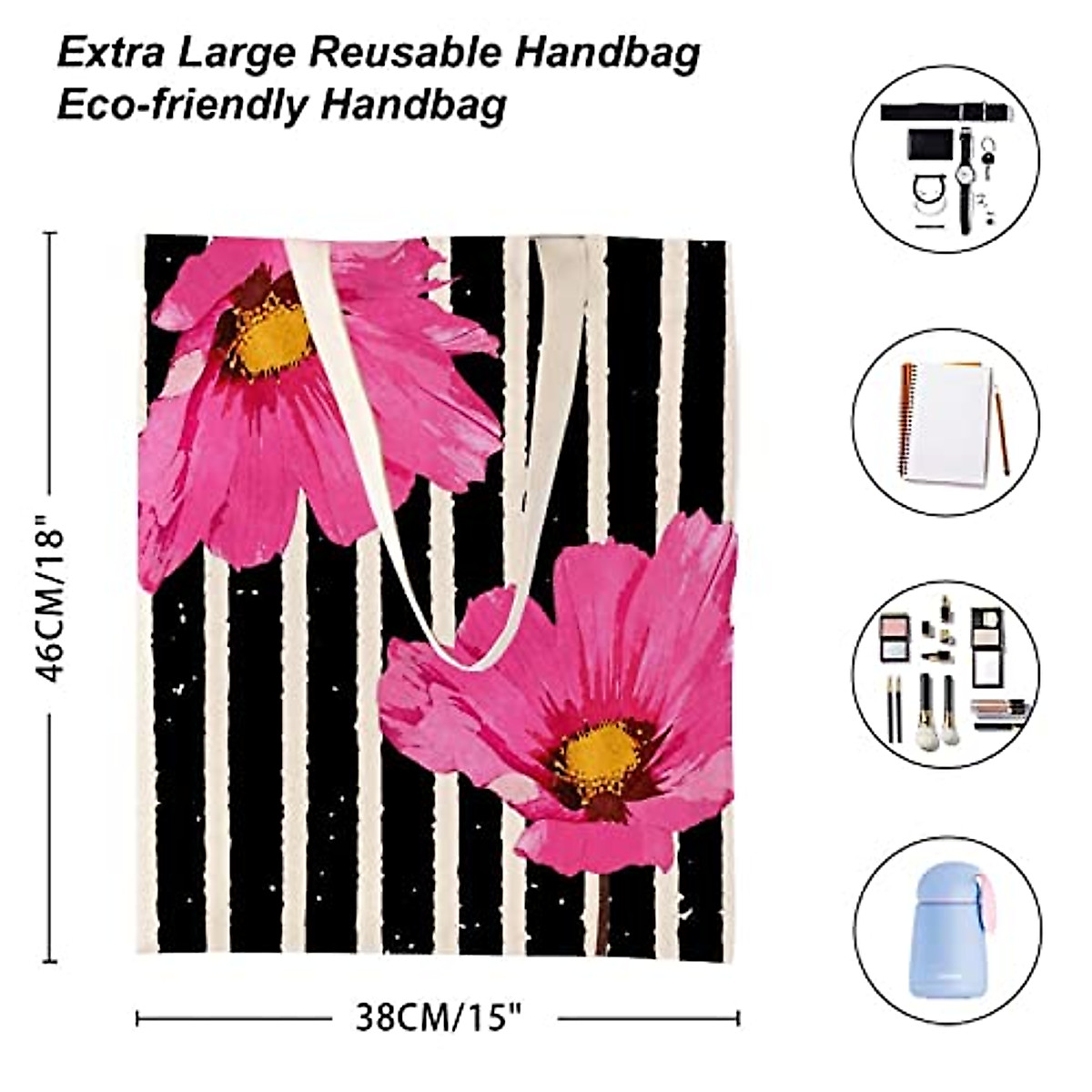 Canvas Shoulder Bag 15x18 Inch,Flowers Stripe Tote Bag for Books,Birthday Inspirational Gifts for Kids Girls Women