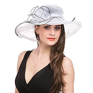 Lucky Leaf Women Church Cap Wide Brim Summer Sun Hat for Party Wedding(White with Black Edge)