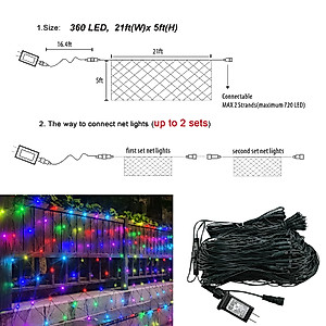 OYCBUZO 360LED Colorful Christmas Net Lights, 21ft x 5ft Connectable String Mesh Lights 8 Modes, Waterproof Christmas Lights Outdoor for Xmas Tree Bushes Garden Holiday Party - Multicolour