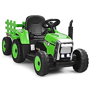 HONEY JOY Ride On Tractor with Trailer, Toddler 3-Gear-Shift Ground Loader, LED Lights, Horn, Music, 12V Battery Powered Electric Toy Tractor with Remote Control (Green)