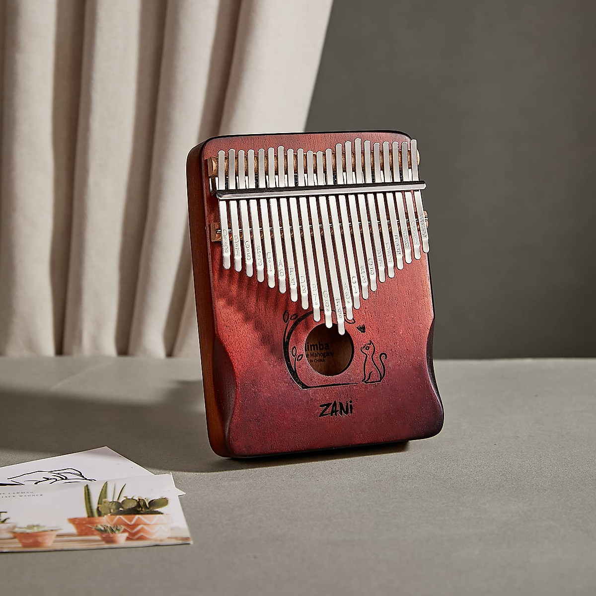 Kalimba 21 Key Thumb Piano Naughty Cat Pattern Portable Musical Instrument Gifts for Kids Amateur and Beginner (Gradient Coffee)