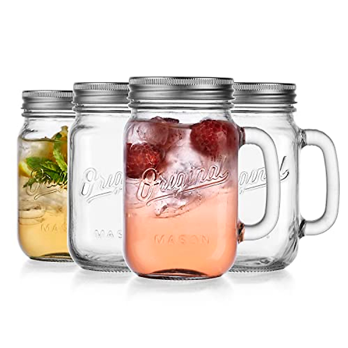 Mason Jar 16 Oz. Glass Mugs with Handle and Lid Set Of 4 - Home Essentials & Beyond - Old Fashioned Drinking Glass Bottles Original Mason Jar Pint Sized Cup Set.