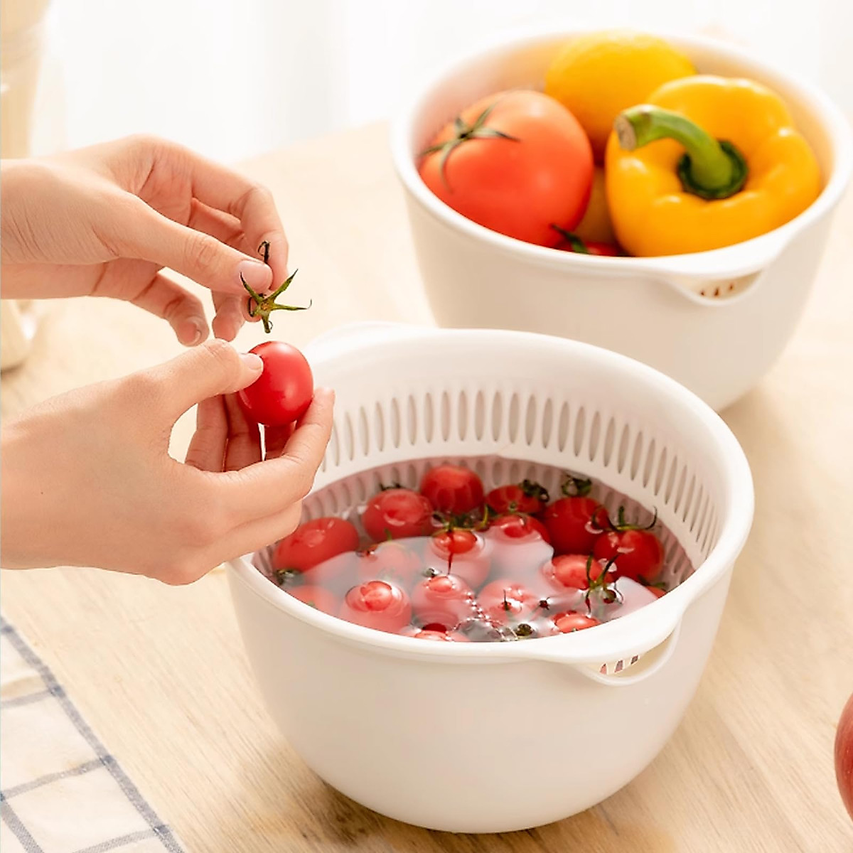 2 Sets 3 Qt，2 in 1 Kitchen Colander Set with Bowl Strainer ，BPA Free Plastic Fruits and Vegetable Washing Basket,Dishwasher Friendly Double Layered Drain Basin,for Pasta, Noodles, Rice and Food (Grey)