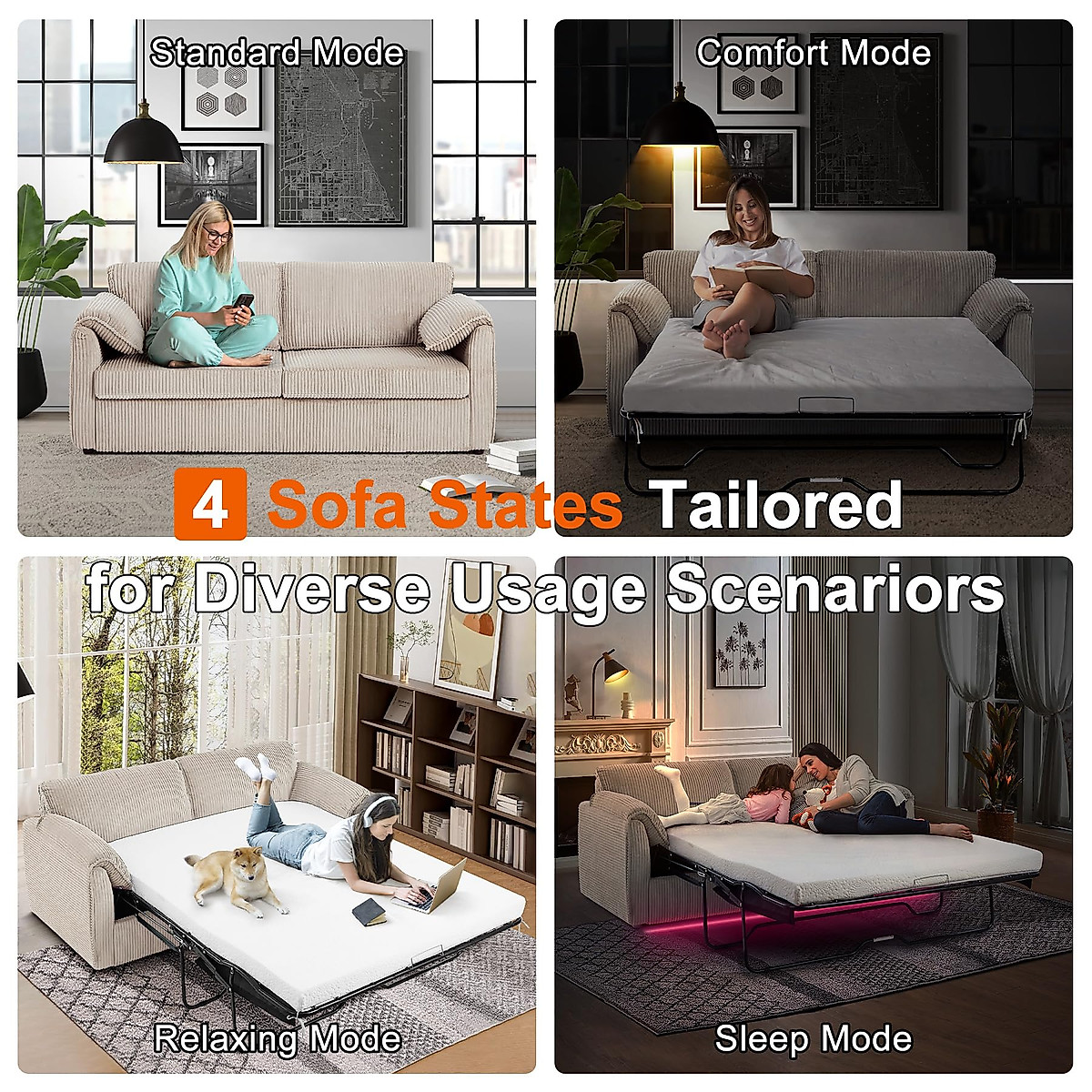 Plococo Pull Out Sofa Bed, Corduroy Queen Sleeper Sofa Couch with Foam Mattress, Large Sofa Sleeper Pullout Couch Bed for Living Room Office, Queen Size (Beige Brown)