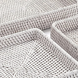 Rattan Serving Tray, Rectangular Woven Tray, Natural Wicker Decorative Serving Baskets for Organizing Tabletop Bathroom Kitchen Counter (White)