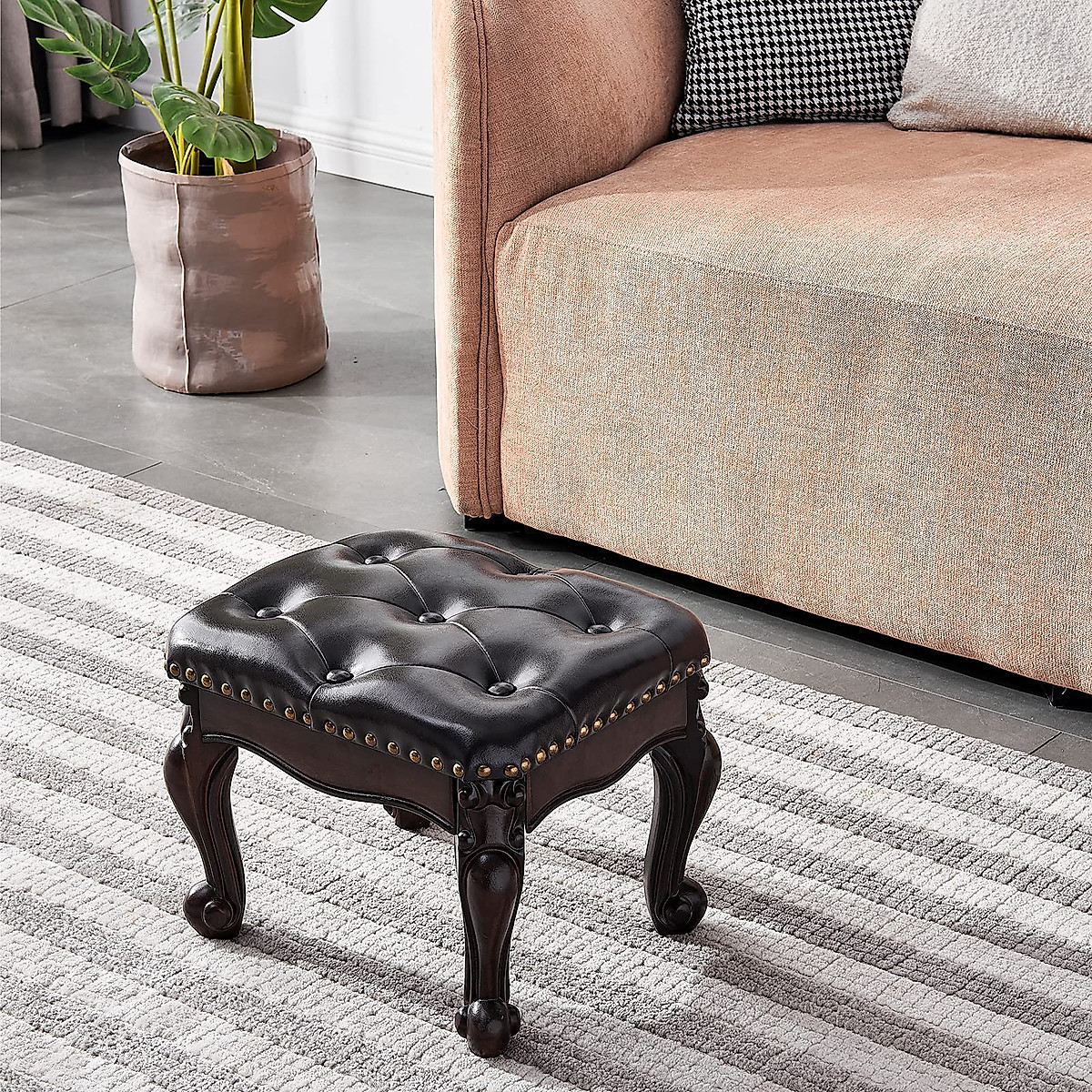 KIVSON Foot Stool Ottoman Foot Rest Microfiber Leather Upholstered Foot Stool for Living Room, Sofa, Entryway, Solid Wood Stool (Dark Brown)