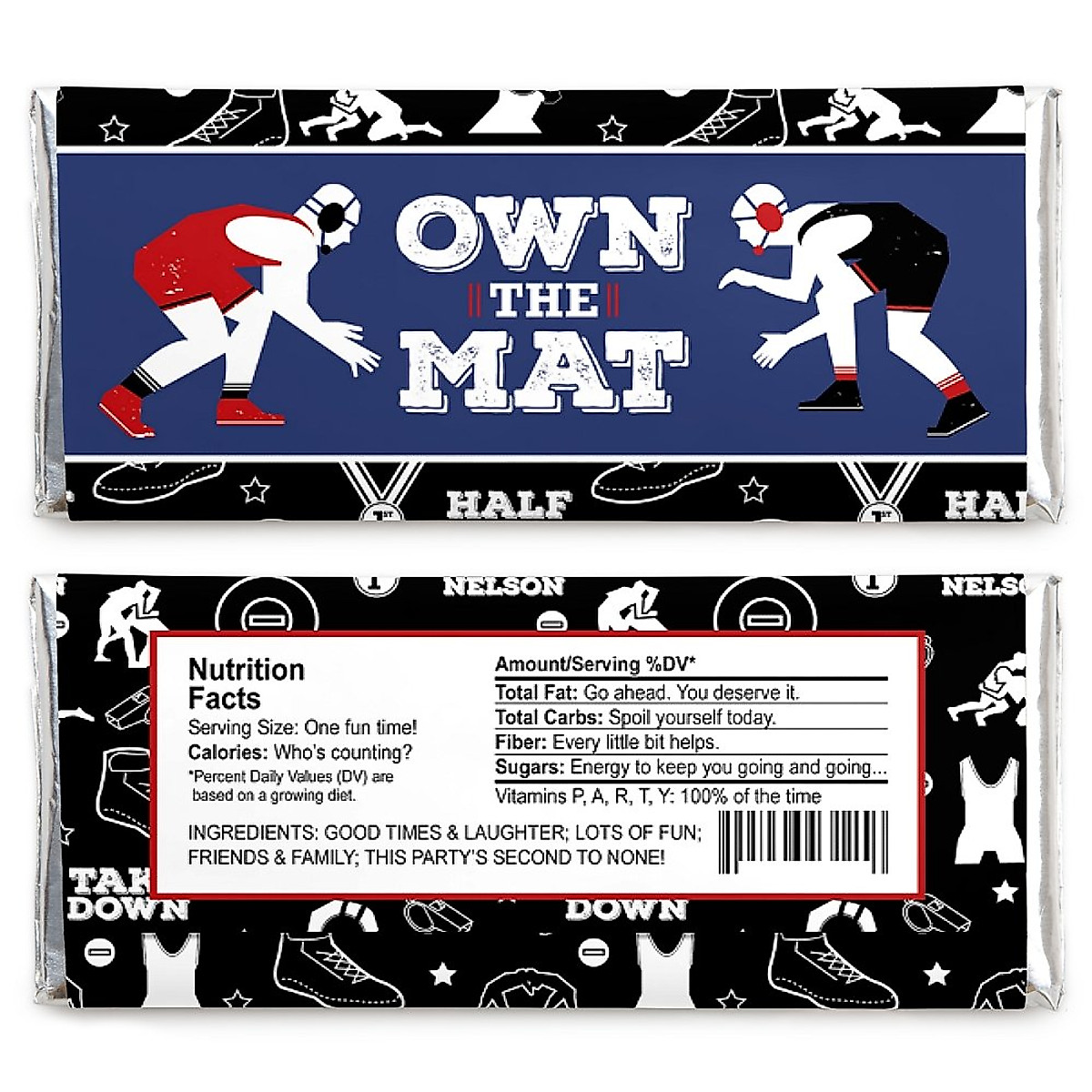 Big Dot of Happiness Own the Mat - Wrestling - Candy Bar Wrapper Birthday Party or Wrestler Party Favors - Set of 24