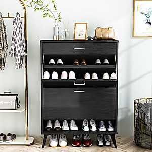 Lamerge Shoe Storage Cabinet for Entryway, Free Standing Shoe Organizer with 2 Flip Drawers，Hidden Shoe Rack Storage Organizer for Doorway Hallway, Black