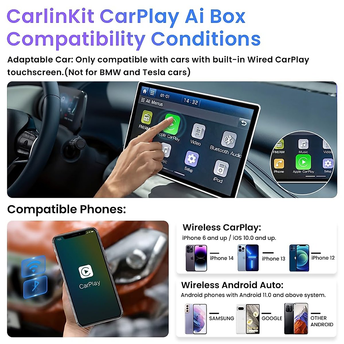 Carlinkit CarPlay Ai Box Android 13.0 System Wireless CarPlay Android Auto QCM6125 8-core 8G+128G, Multimedia Box Spotify/Netflix/YouTube Car Video, GPS+Glonass/Google Play Download Apps