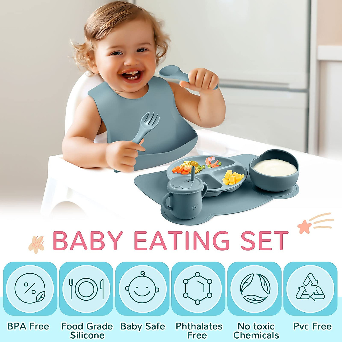 8 Pack Baby Feeding Eating Supplies Silicone Suction Divided Plate Baby Bibs Suction Bowl Silicone Placemat Silicone Spoon and Fork Silicone Cup with Straw Baby Tableware Set for Toddler (Dusty Blue)