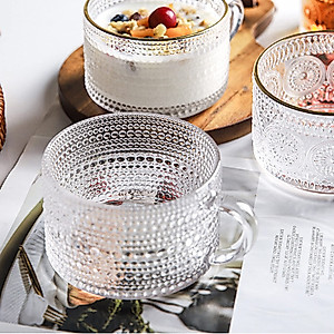 Stackable Vintage Coffee Mug, 14 Oz Clear Embossed Glass Cup, Premium Drinking Glass Tumbler, Tea Cup, Glass Coffee Cup for Cappuccino, Latte, Cereal, Cocktail, Yogurt, Beverage Hot