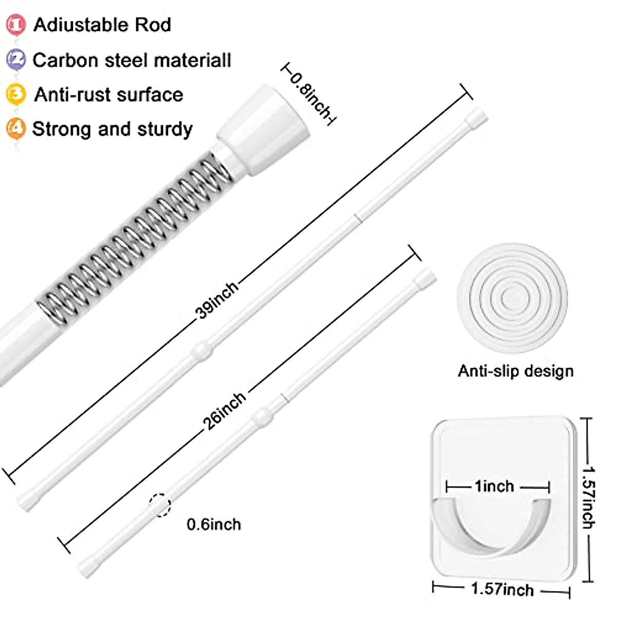AIZESI 1pcs Tension Curtain Rod Spring Tension Rod Short Curtian Rods No Drilling Expandable Spring Loaded Curtain Tension Rod Adjustable 26 to 39 inch,Best Use Range 28 to 36 inch，White