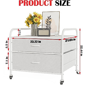 Alavoco 2 Drawer Dresser, 120LBS Fabric Storage Tower, 2 Drawer Storage Cart, Mini Fridge Stand with Storage, Metal Frame Iron Top, 4 Swivel Wheels for Home Kitchen, White
