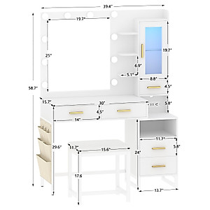 CSZZD Makeup Vanity Desk with Mirror and Lights, White Vanity Desk with Charging Station, LED Cabinet, 5 Drawers & Storage Bag, Vanity Mirror with Lights Desk and Chair, Vanity Table Set with Stool