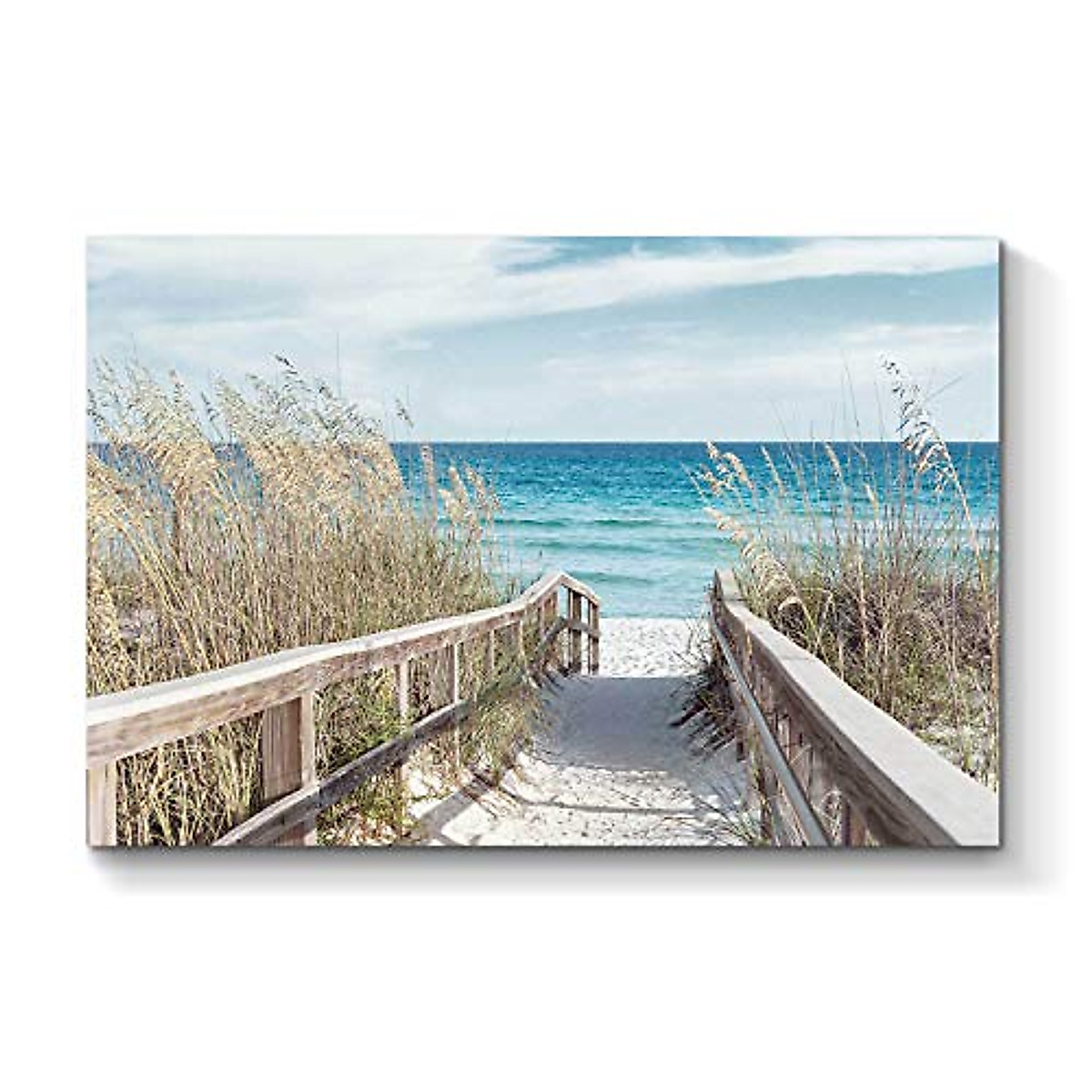 TAR TAR STUDIO Beach Artwork Seascape Wall Art: Seaside Painting Fence Pathway Picture Print on Wrapped Canvas for Living Room (36''W x 24''H, Multiple Sizes)