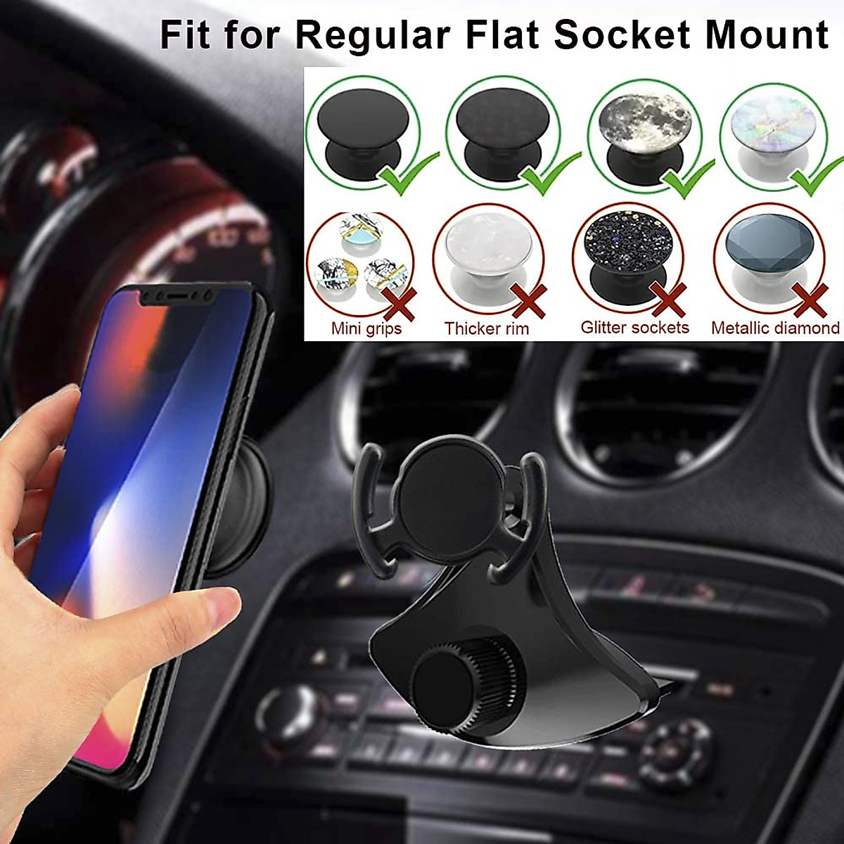 JCWINY CD Slot Car Grips Phone Holder for Collapsible Socket Grip, CD Car Mount Phone Holder for Pop Grip Stand Compatible with iPhone 14 12 13 11 Pro Max XR Xs X 8 7 Plus Galaxy Note10 9 S10